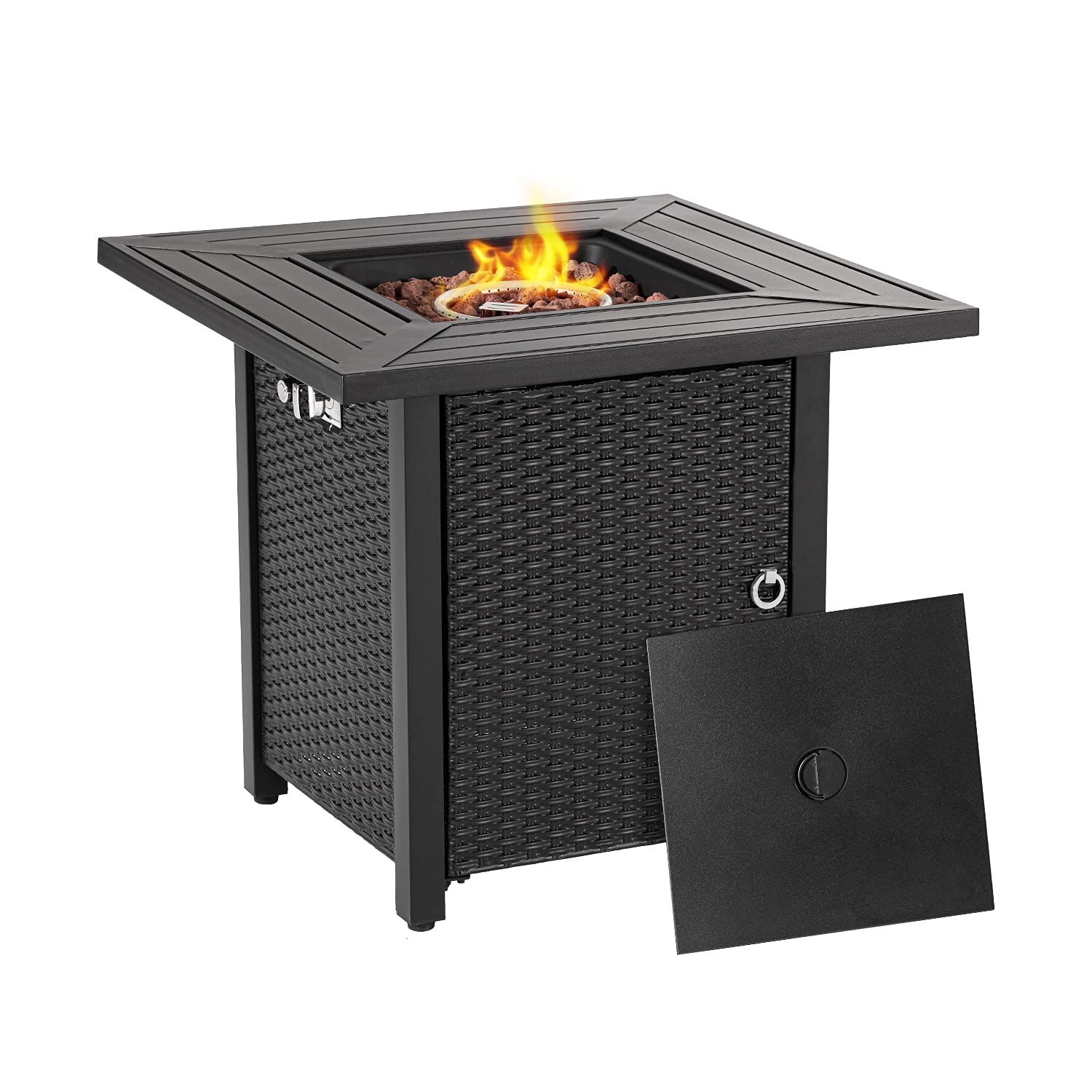 SUNBURY Outdoor Propane Fire Pit Table, 28 Inch Patio Gas Fire Table 40,000 BTU Auto-Ignition, Rattan-Look Outdoor Companion w Lid, Waterproof Cover, Lava Rocks (Black Brown)