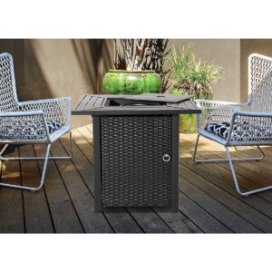 SUNBURY Outdoor Propane Fire Pit Table, 28 Inch Patio Gas Fire Table 40,000 BTU Auto-Ignition, Rattan-Look Outdoor Companion w Lid, Waterproof Cover, Lava Rocks (Black Brown)