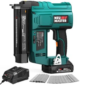 neu master nail gun battery powered, 18 gauge 2 in 1 cordless brad nailer/staple gun with 2.0ah li-ion battery, 1000pcs nails and 500pcs staples included, for home improvement, woodworking