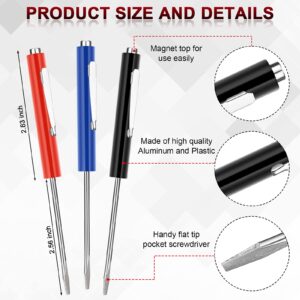 12 Pieces Mini Tops and Pocket Clips Pocket Screw Driver Magnetic Pocket Screw Driver with Single Blade Head Pocket Screwdriver Set for Mechanical Electrician Electronics Technician, Red, Blue, Black