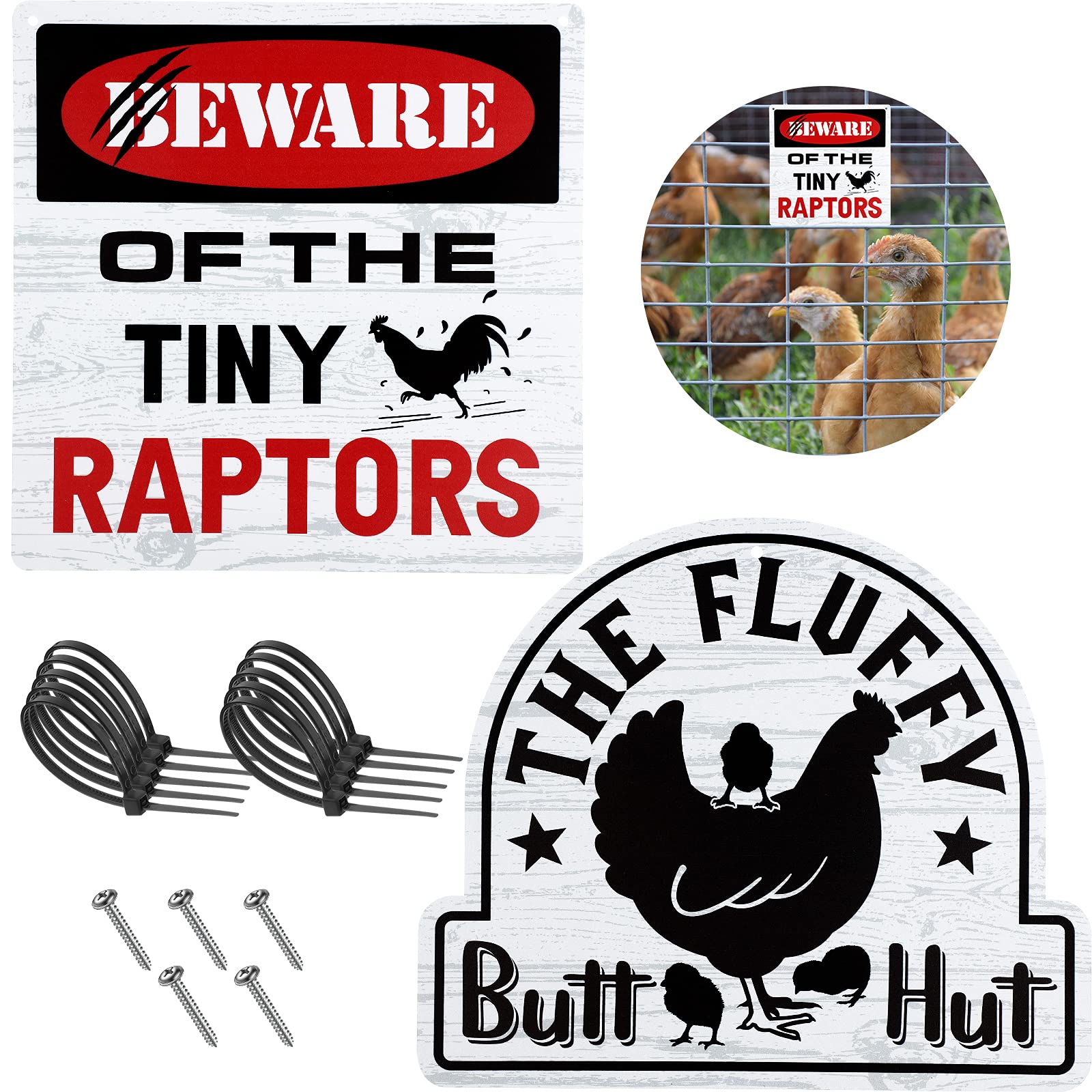 2 Sets Chicken Coop Signs Aluminum Chicken Coop Accessories The Fluffy Butt Hut Yard Signs Beware of Tiny Poultry Funny Signs for Farm Rooster Hen House Decoration, 12 x 8 Inches