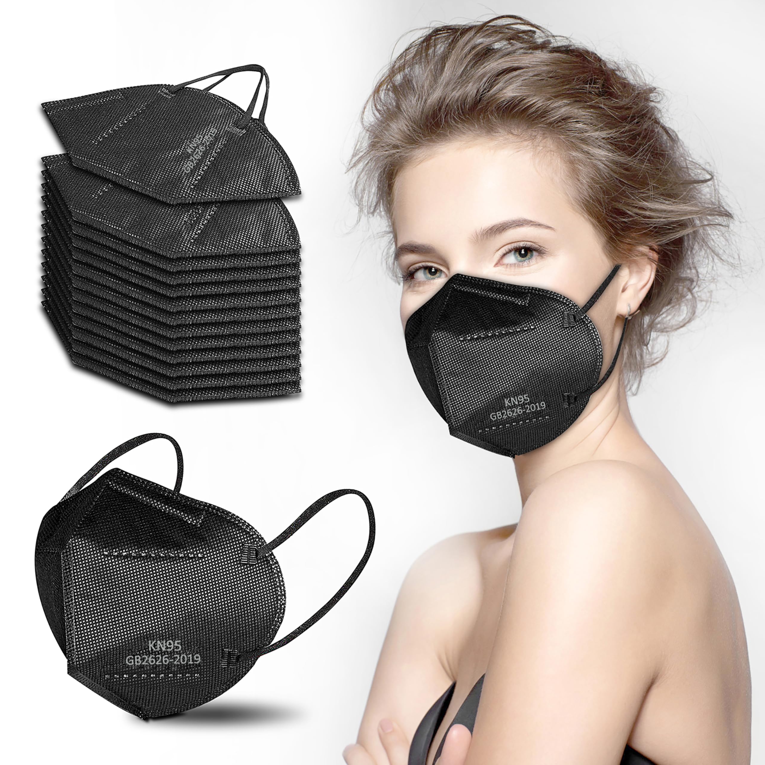 akgk KN95 Face Mask 50 PCS, Breathable Protection Masks, Individually Wrapped, 5-Ply KN95 Black Masks, Cup Dust Safety Masks