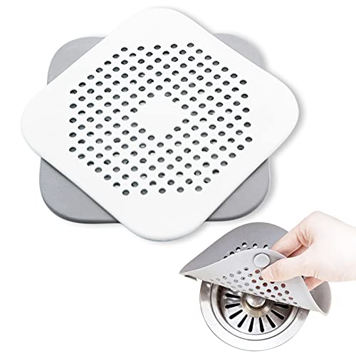 COPPATAOPP Drain Hair Catcher, Square Silicone Shower Drain Hair Catcher, Stable Hair Drain Catcher Bathtubr with Suction Cup, Easy to Install Bathroom Kitchen Sink Drain Strainer 2 Pack (Grey White)