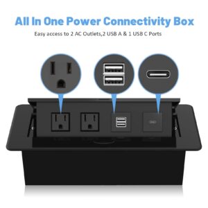 Pop Up Power Strip with PD 30W USB Ports, Recessed Power Grommet Outlet Hub Connectivity Box, Pop Up Outlets Socket for Table Conference Room Countertop, 2 AC Outlets, USB A and USB C Charging Ports