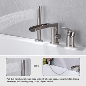 TapLong Waterfall Roman Tub Faucet with Hand Shower, Widespread Deck Mount Bathtub Faucet with Sprayer, Single-Handle 3-Holes Bathtub Shower Faucet Set in Brushed Nickel, 03119BN