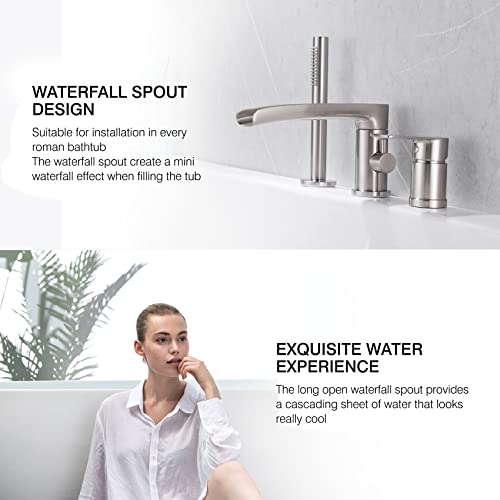 TapLong Waterfall Roman Tub Faucet with Hand Shower, Widespread Deck Mount Bathtub Faucet with Sprayer, Single-Handle 3-Holes Bathtub Shower Faucet Set in Brushed Nickel, 03119BN