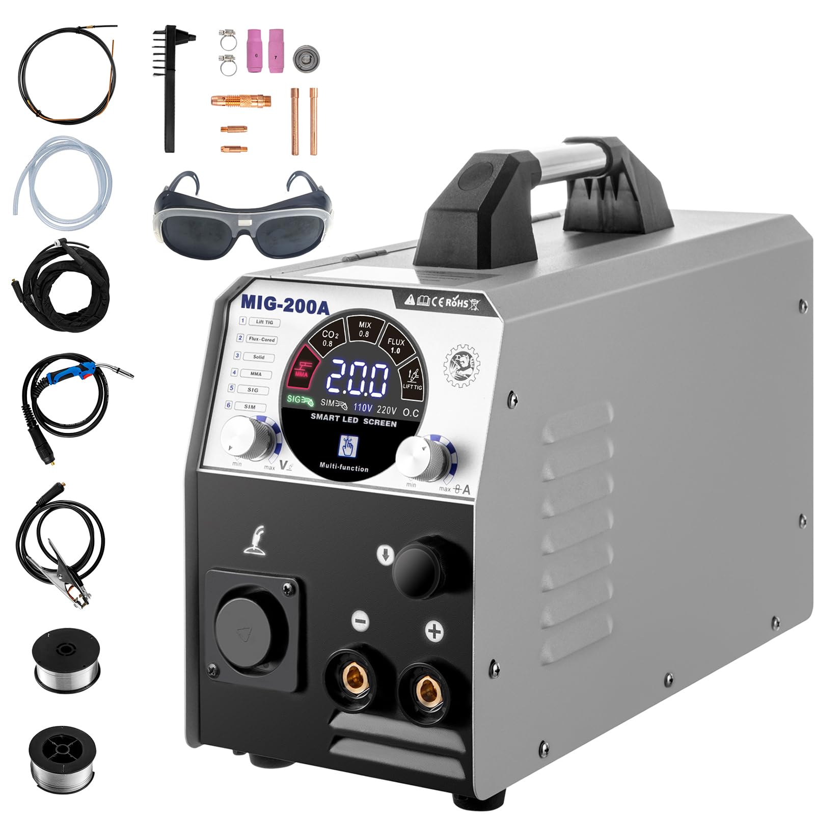 VEVOR MIG TIG MMA Welder 200A Welding Machine 6 in 1 Combo Aluminum Welding Machine 110/220V Portable Flux Core Welder Automatic Wire Feeding Wire Dia. 0.68-1.0 MM w/1 KG Welding Wire Stick Welder