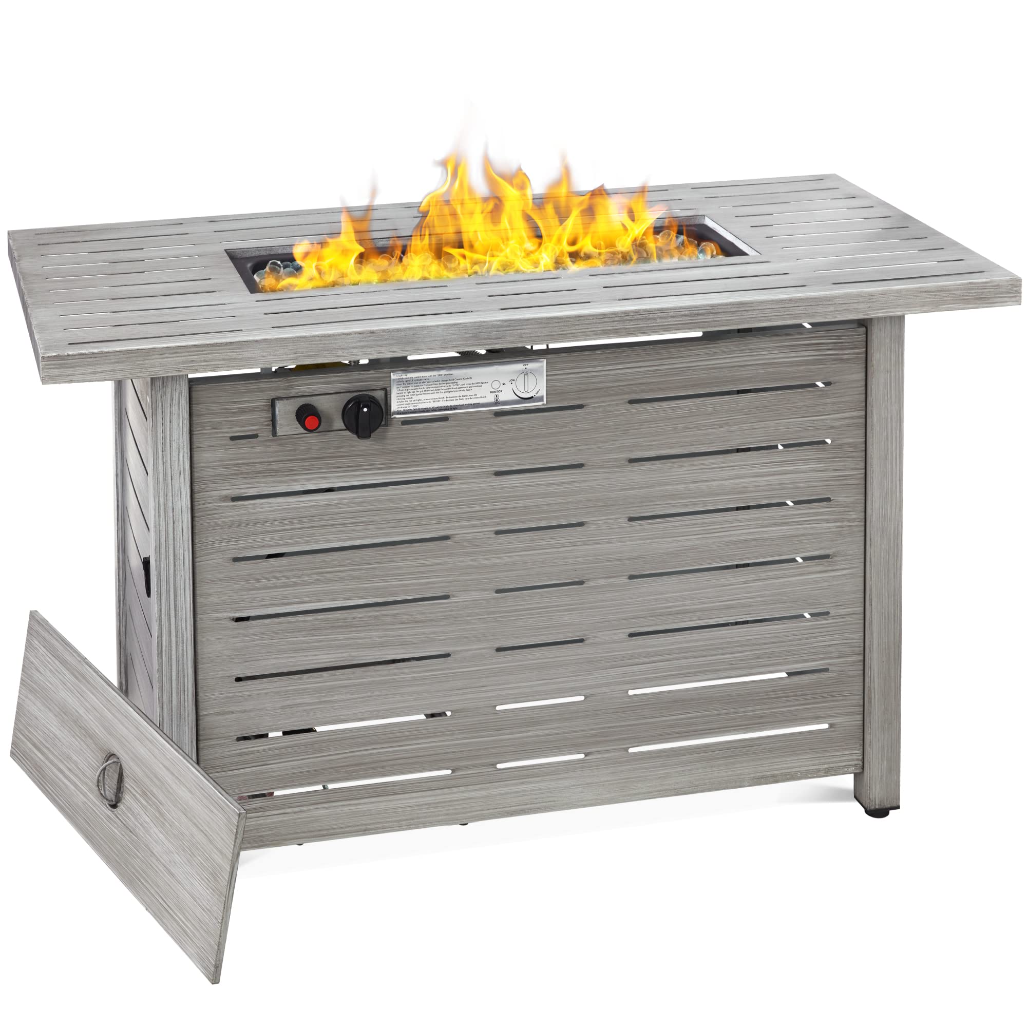 Best Choice Products Fire Pit Table 42in 50,000 BTU Rectangular Steel Propane Gas for Outdoor, Patio w/Burner Lid, Auto Ignition, Hideaway Tank Storage, Cover, Glass Beads - Gray