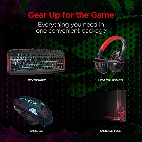 HyperGear 4-in-1 Gaming Kit RGB Backlit Gaming Keyboard, 4 Level DPI Switch Mouse, Stereo Gaming Headphones with Mic, Mousepad for PC in Game & Online Chat