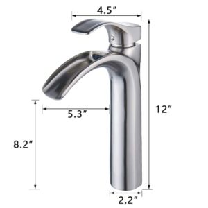 Yodel Faucet Waterfall Bathroom Sink Faucet Vessel Sink Faucet One Hole Single Handle Single Hole with Pop up Drain Stopper, Brushed Nickel