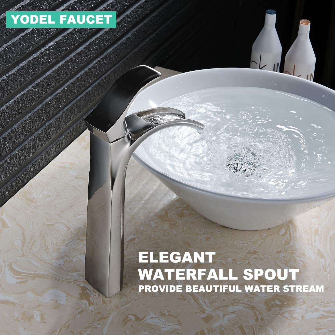 Yodel Faucet Waterfall Bathroom Sink Faucet Vessel Sink Faucet One Hole Single Handle Single Hole with Pop up Drain Stopper, Brushed Nickel