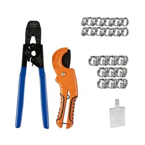 Pex Crimping Clamp Cinch Tool Kit Sizes from 3/8" to 1" (Meets ASTM 2098)-PEX Cinch Fastening Tool, Pipe/Tubing Cutter, Stainless Steel Clamps 20pcs 1/2", 10 pcs 3/4" Clamps With Canvas Bag