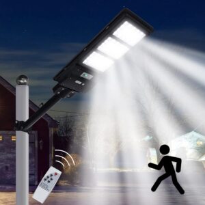 vikrami 600w solar street lights outdoor waterproof 60000lm, dusk to dawn, with motion sensor and remote control, suitable for courtyards, gardens, streets, garage, etc. wall or pole mount