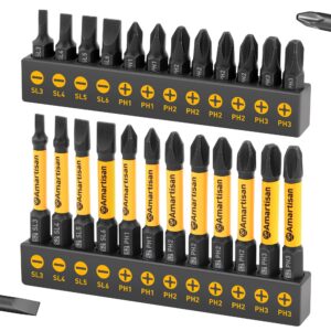 amartisan 24-piece screwdriver bit set | magnetic slotted phillips driver bit set | s2 steel, long 1" and 2.3" head drill bits set