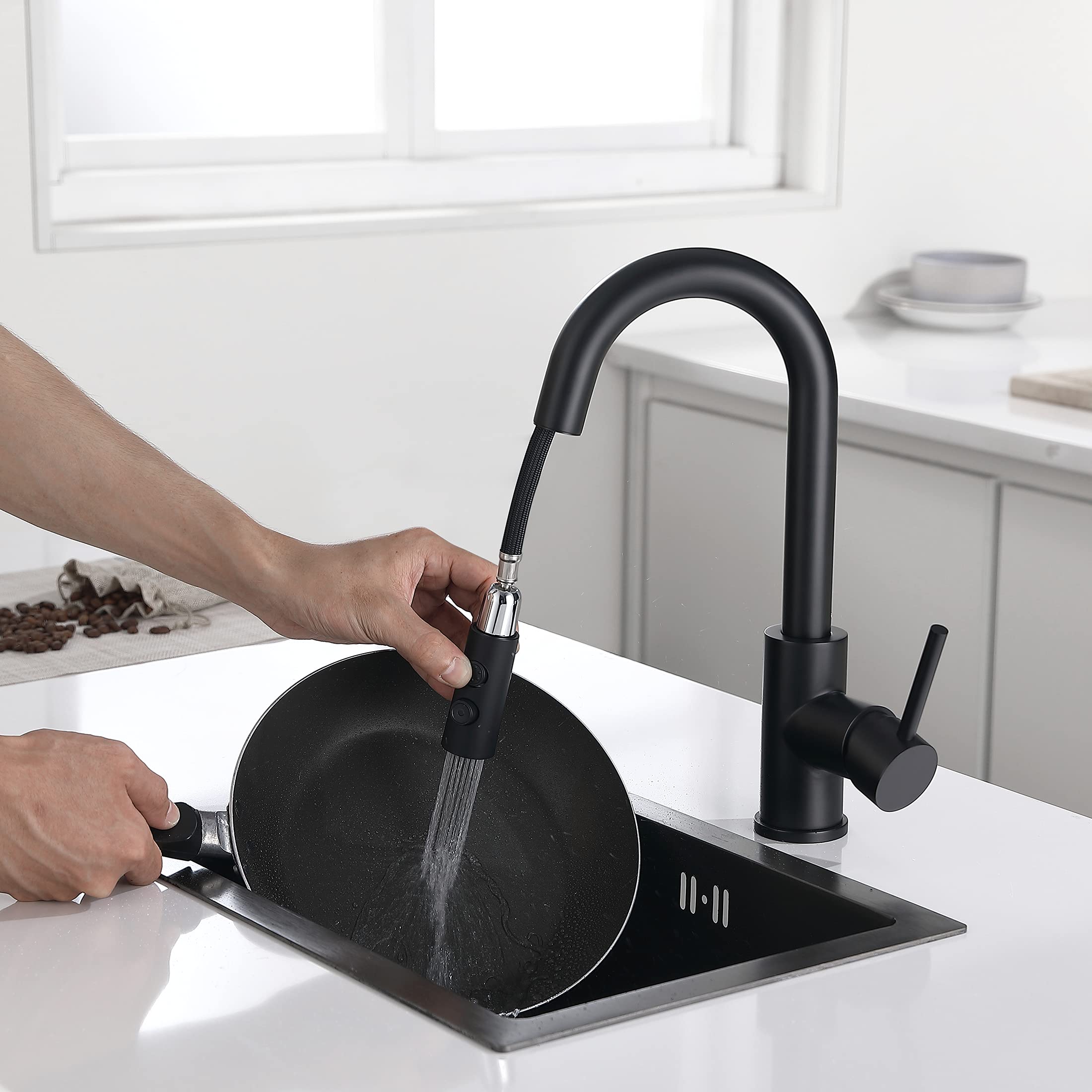 Bar Faucet with Pull Out Sprayer Single Hole Matte Black, JXMMP Single Handle Stainless Steel Bar Sink Faucets with Sprayer, Modern Small Kitchen Sink Faucet with cUPC Supply Hose