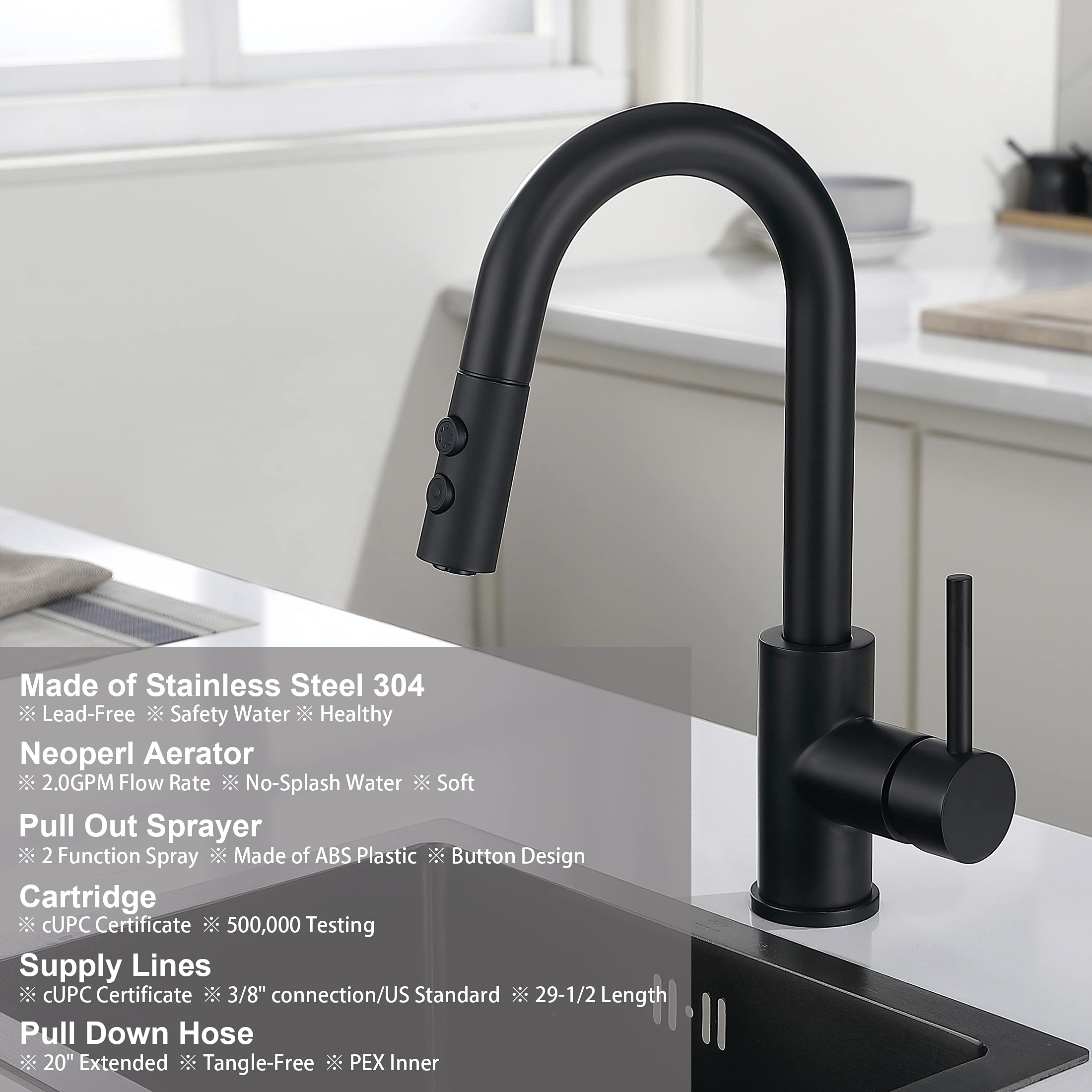 Bar Faucet with Pull Out Sprayer Single Hole Matte Black, JXMMP Single Handle Stainless Steel Bar Sink Faucets with Sprayer, Modern Small Kitchen Sink Faucet with cUPC Supply Hose