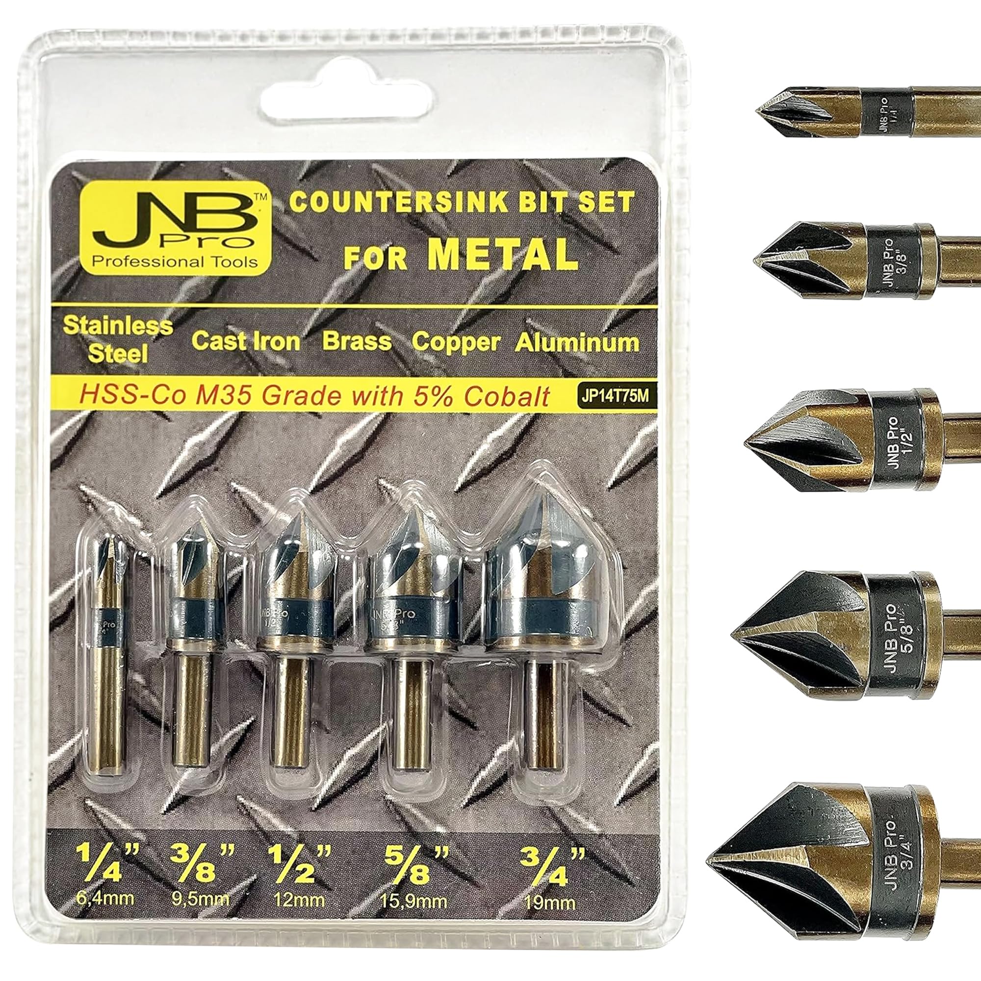 JNB Pro Metal Countersink Drill Bit Set - 5PC High-Speed Steel with M35 HSS-Co Grade 5% Cobalt, Sizes 1/4", 3/8", 1/2", 5/8" & 3/4", 82° 5-Flute Design, 1/4" Shank - Ideal for Stationary or Hand Drill