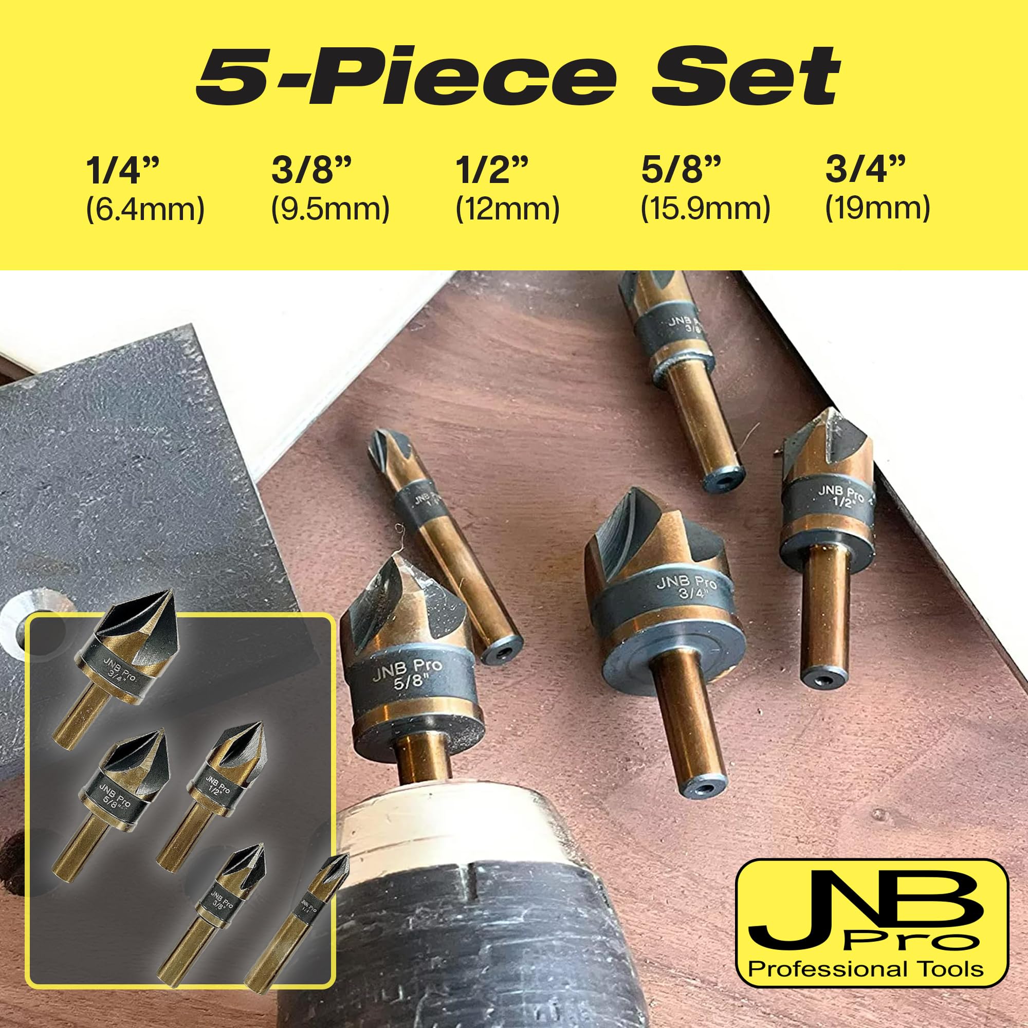 JNB Pro Metal Countersink Drill Bit Set - 5PC High-Speed Steel with M35 HSS-Co Grade 5% Cobalt, Sizes 1/4", 3/8", 1/2", 5/8" & 3/4", 82° 5-Flute Design, 1/4" Shank - Ideal for Stationary or Hand Drill