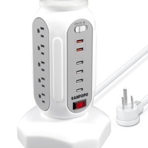 Power Strip Tower Surge Protector with RBG Light, SANPOPO Desktop Charging Tower, 15 Outlets 6 USB Ports, 900Joules 6.5 ft Retractable Cord,Multiple Protections for Home Office Dorm Room (1875W/10A)