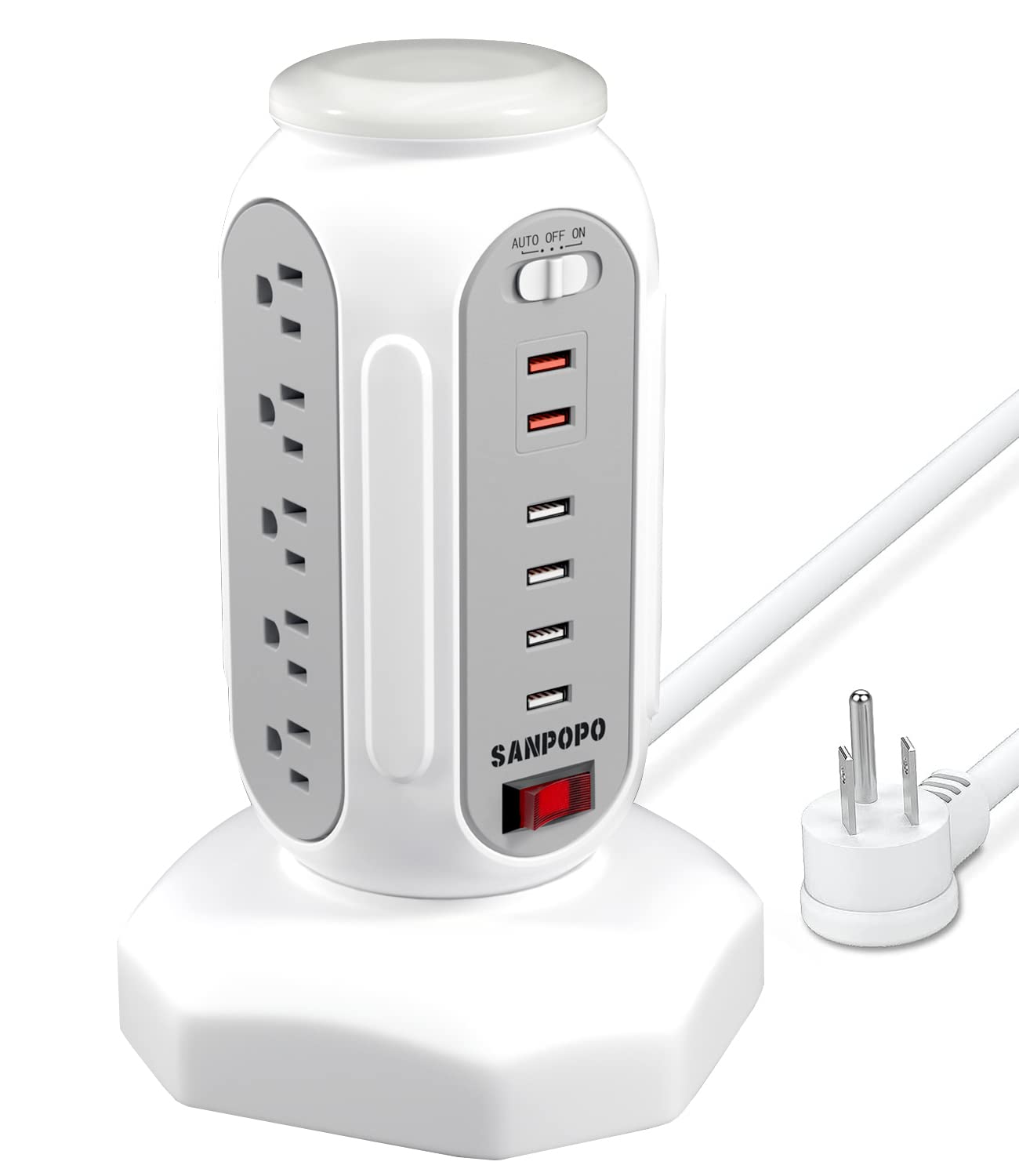 Power Strip Tower Surge Protector with RBG Light, SANPOPO Desktop Charging Tower, 15 Outlets 6 USB Ports, 900Joules 6.5 ft Retractable Cord,Multiple Protections for Home Office Dorm Room (1875W/10A)