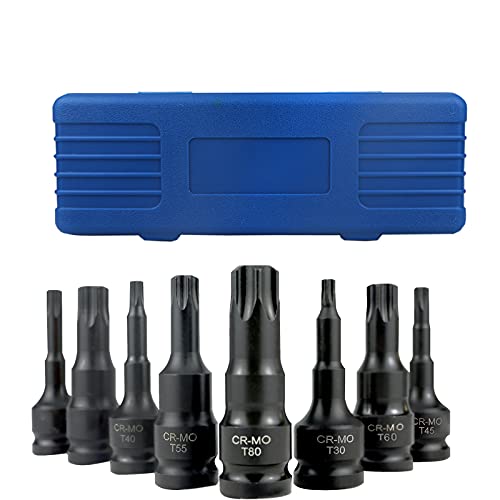 8PCS 1/2 Inch Torx Impact Socket Sets, T30 T40 T45 T50 T55 T60 T70 T80 Cr-Mo One-Piece Construction 3-Inch Socket Bits Set