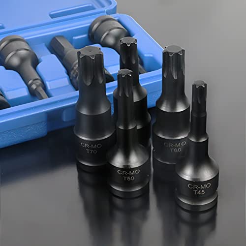 8PCS 1/2 Inch Torx Impact Socket Sets, T30 T40 T45 T50 T55 T60 T70 T80 Cr-Mo One-Piece Construction 3-Inch Socket Bits Set