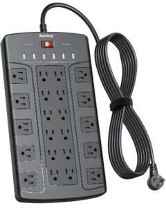 surge protector power strip with usb, superdanny extension cord with 22 outlets & 6 usb, 1875w/15a, 1050j surge protection, 6.5ft flat plug power cord, for home office dorm workshop, black