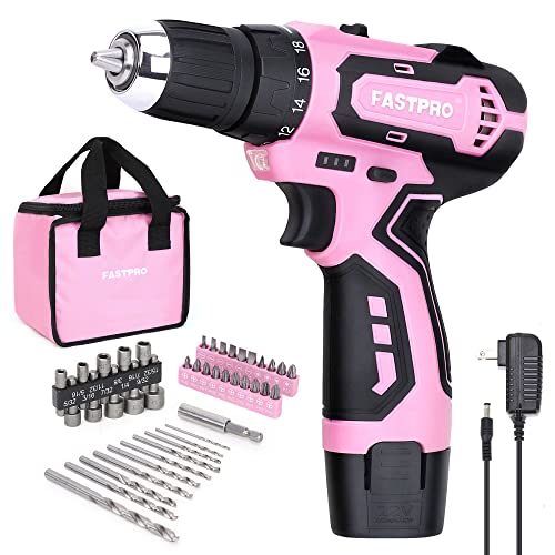 FASTPRO 42-Piece 12V Pink Drill kit, Lithium-ion Cordless Drill Driver, 3/8 in. Drill Driver Set with One 1.5 Ah Batteries, Charger and Tool Bag