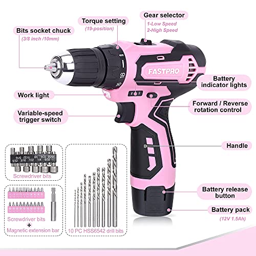 FASTPRO 42-Piece 12V Pink Drill kit, Lithium-ion Cordless Drill Driver, 3/8 in. Drill Driver Set with One 1.5 Ah Batteries, Charger and Tool Bag