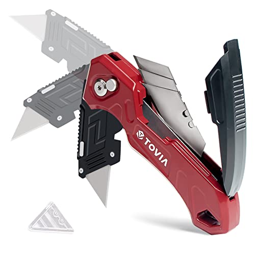 T TOVIA Folding Utility Knife Quick Change Box Cutter, 3-Position Retractable Blades, Blade Storage Design with Extra 3 Blades, Box Knife for Cartons, Cardboard and Boxes