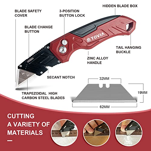 T TOVIA Folding Utility Knife Quick Change Box Cutter, 3-Position Retractable Blades, Blade Storage Design with Extra 3 Blades, Box Knife for Cartons, Cardboard and Boxes