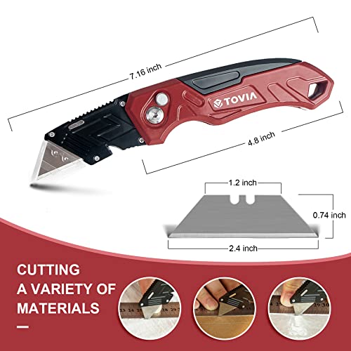 T TOVIA Folding Utility Knife Quick Change Box Cutter, 3-Position Retractable Blades, Blade Storage Design with Extra 3 Blades, Box Knife for Cartons, Cardboard and Boxes