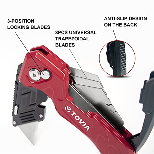 T TOVIA Folding Utility Knife Quick Change Box Cutter, 3-Position Retractable Blades, Blade Storage Design with Extra 3 Blades, Box Knife for Cartons, Cardboard and Boxes