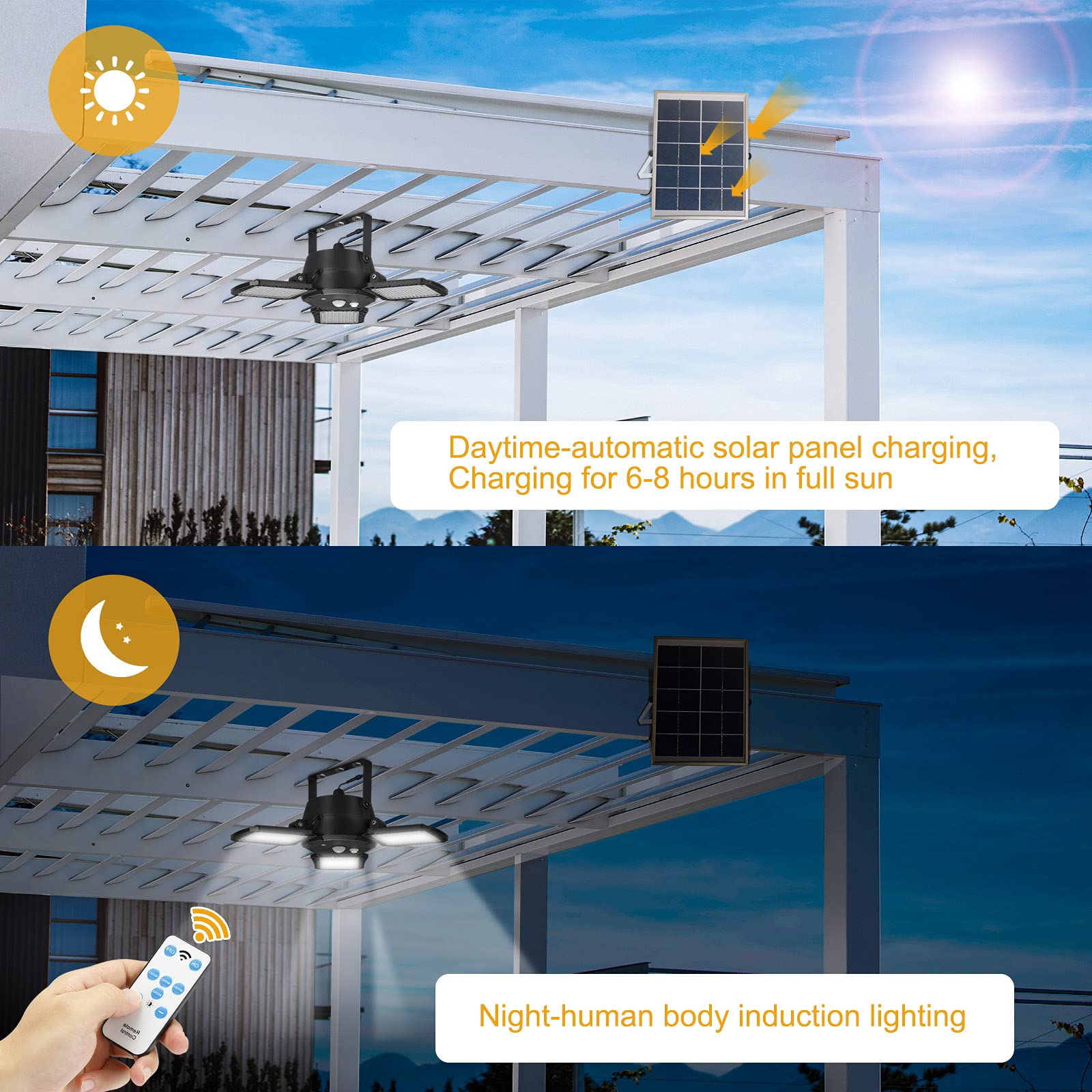 Solar Pendant Lights Outdoor Indoor with Remote, 800LM 192LED Dual Head Solar Shed Light Motion Sensor 120°Adjustable, 4 Lighting Modes for Garage Patio Barn Gazebo IP65 Waterproof