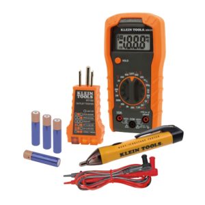 klein tools 69149p electrical test kit with digital multimeter, noncontact voltage tester and electrical outlet tester, leads and batteries