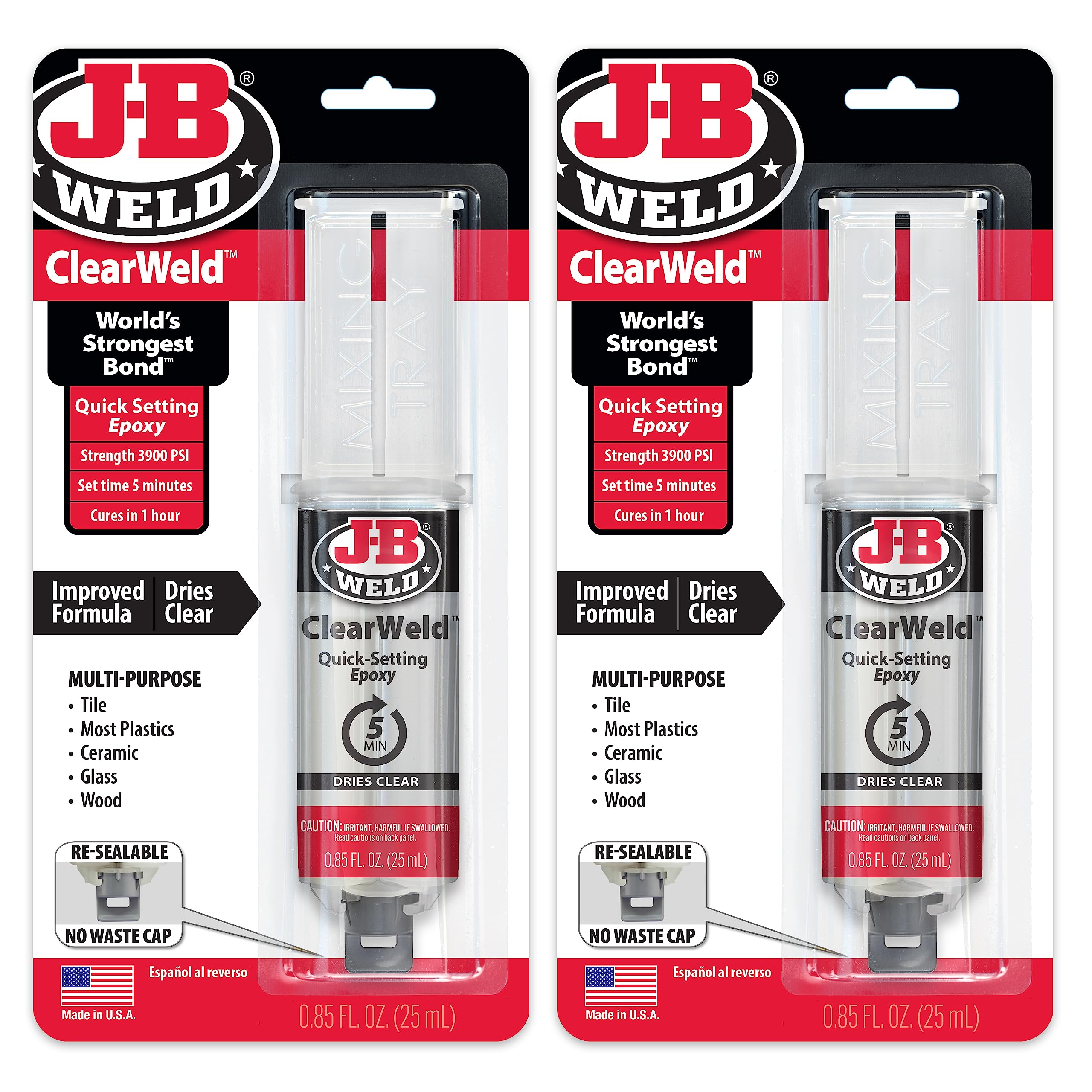 J-B Weld ClearWeld 5 Minute Epoxy, Clear, Syringe, 2 Pack, 50112-2