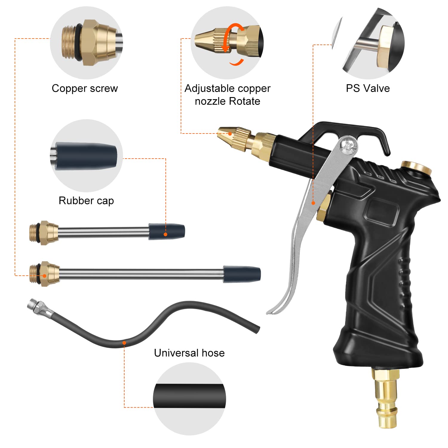 Industrial Air Blow Gun with Brass Adjustable Air Flow Nozzle ， Universal hose and 2 Steel Air flow Extension.Pneumatic Air Compressor Accessory Tool Dust Cleaning Air Blower Gun. (2pcs)