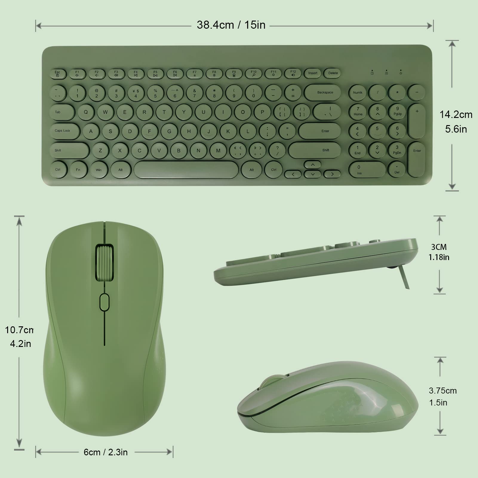 Arcwares Wireless Keyboard and Mouse Combo, Sweet Green Cute Keyboard, 2.4G USB Ergonomic Full-Sized Mute Keyboard for Computer, Laptop, PC Desktops, Mac