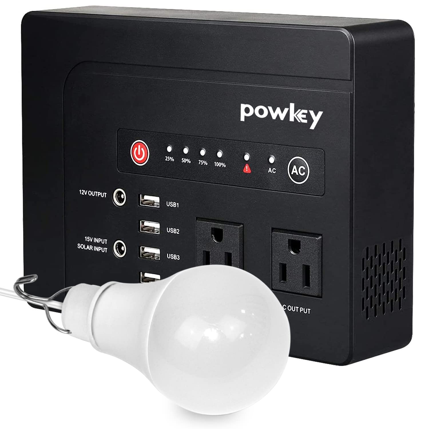 powkey 200Watt Portable Power Bank with AC Outlet and 10W Adjustable LED Bulb Light for Camping Power Supply for CPAP, 2 AC Ports, 4 USB Ports, 2 DC Ports