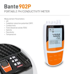 Bante 902P Portable pH Conductivity Meter | Multi-Parameter Meter for Measuring pH, Conductivity, TDS, Salinity, Resistivity, ORP and Temperature | Accuracy ±0.002 pH, ±1% F.S.