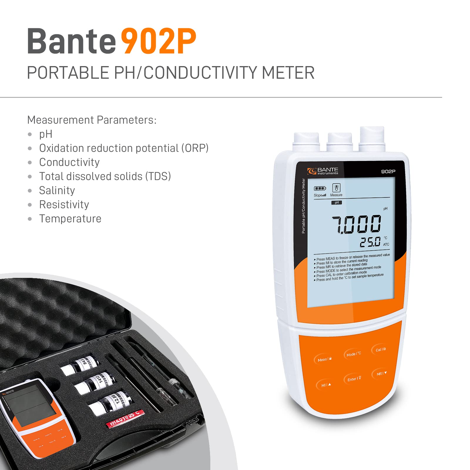 Bante 902P Portable pH Conductivity Meter | Multi-Parameter Meter for Measuring pH, Conductivity, TDS, Salinity, Resistivity, ORP and Temperature | Accuracy ±0.002 pH, ±1% F.S.