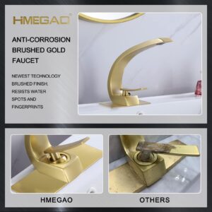 HMEGAO Bathroom Faucet Brushed Gold 1 Hole Single Handle Bathroom Sink Faucet with 6-inch Deckplate