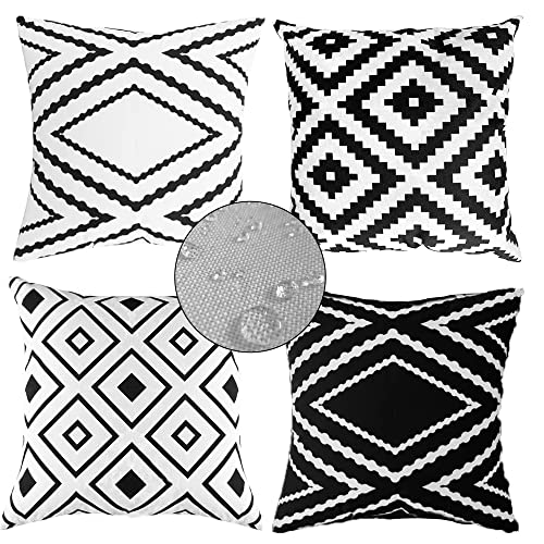 Outdoor Indoor Throw Pillow Cover Waterproof, Boho Black White Square Pillowcases, Decorative Geometry Double Printed Cushion Cover for Garden Patio Tent Couch Sofa Home Decor, Set of 4,18 X 18 Inch