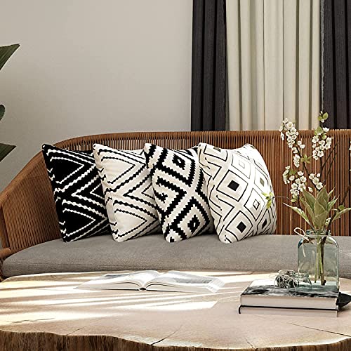 Outdoor Indoor Throw Pillow Cover Waterproof, Boho Black White Square Pillowcases, Decorative Geometry Double Printed Cushion Cover for Garden Patio Tent Couch Sofa Home Decor, Set of 4,18 X 18 Inch