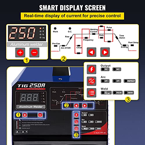 VEVOR TIG Welder AC/DC, 3 in 1 TIG/MMA/ARC Welding Machine with 110/220V Dual Voltage, 250A Aluminum MMA Welder w/Inverter IGBT and Digital Panel, Multiprocess ARC Welder