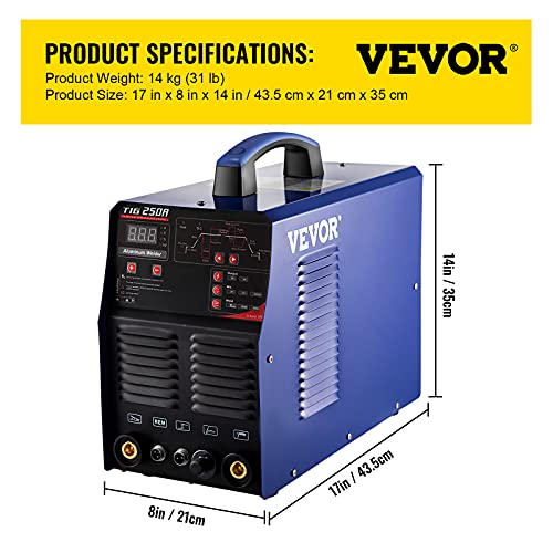 VEVOR TIG Welder AC/DC, 3 in 1 TIG/MMA/ARC Welding Machine with 110/220V Dual Voltage, 250A Aluminum MMA Welder w/Inverter IGBT and Digital Panel, Multiprocess ARC Welder