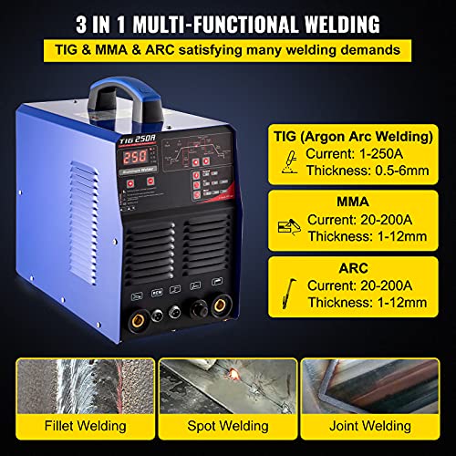 VEVOR TIG Welder AC/DC, 3 in 1 TIG/MMA/ARC Welding Machine with 110/220V Dual Voltage, 250A Aluminum MMA Welder w/Inverter IGBT and Digital Panel, Multiprocess ARC Welder