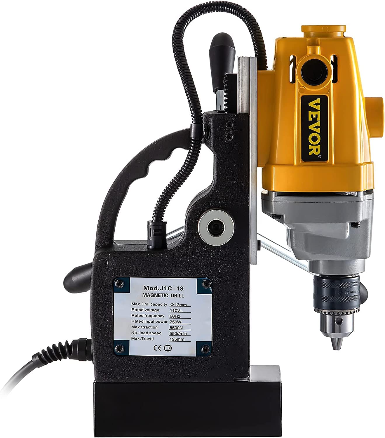 VEVOR Mag Drill, 0-550 RPM Stepless Speed Electromagnetic Drill Press, 3.9" Depth 0.5" Dia Magnetic Core Drill, 1910lbf Boring Tool Drill Press, 750W Drill Press, Yellow and Black Drill Machine