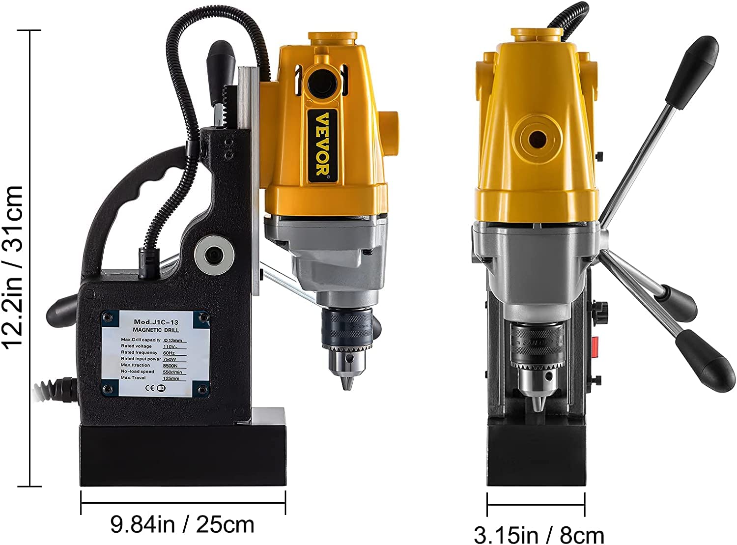 VEVOR Mag Drill, 0-550 RPM Stepless Speed Electromagnetic Drill Press, 3.9" Depth 0.5" Dia Magnetic Core Drill, 1910lbf Boring Tool Drill Press, 750W Drill Press, Yellow and Black Drill Machine