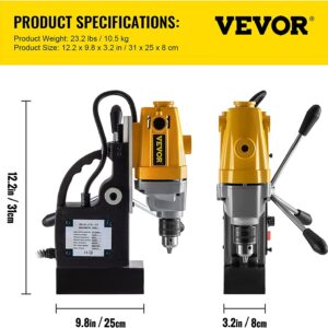 VEVOR Mag Drill, 0-550 RPM Stepless Speed Electromagnetic Drill Press, 3.9" Depth 0.5" Dia Magnetic Core Drill, 1910lbf Boring Tool Drill Press, 750W Drill Press, Yellow and Black Drill Machine